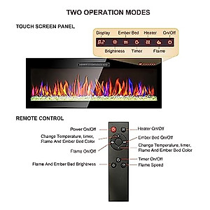 60 Inch Recessed Ultra Thin Tempered Glass Front Wall Mounted Electric Fireplace with Remote and Multi Color Flame & Emberbed, LED Light Heater