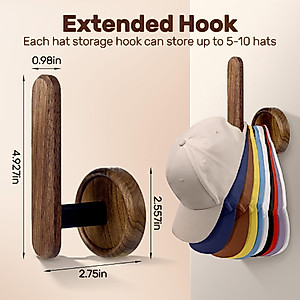 Hat Rack for Wall Hat Organizer for Baseball Caps Strong Adhesive Hat Hooks for Wall Decorative Hooks Walnut Cap Holder Organizer Hat Holder Storage Hanger for Closet Door, Gift for Man Woman(2 Pack)