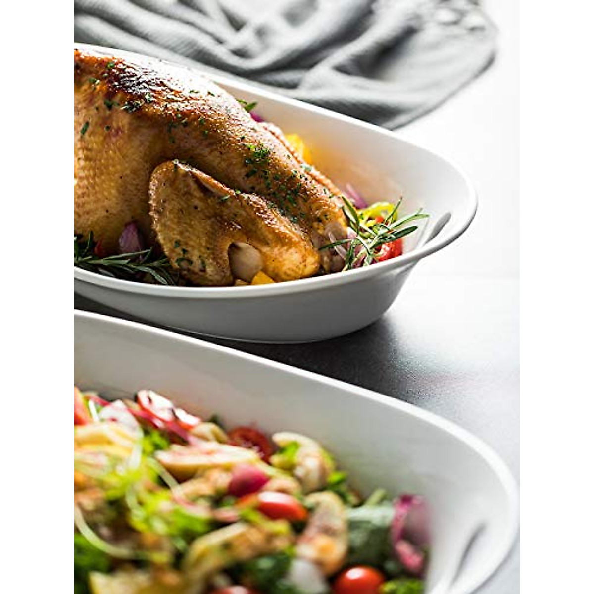 YHOSSEUN Large Serving Bowl with Handles Set Oval Serving Platter 1.5 Quarts Set of 2 White