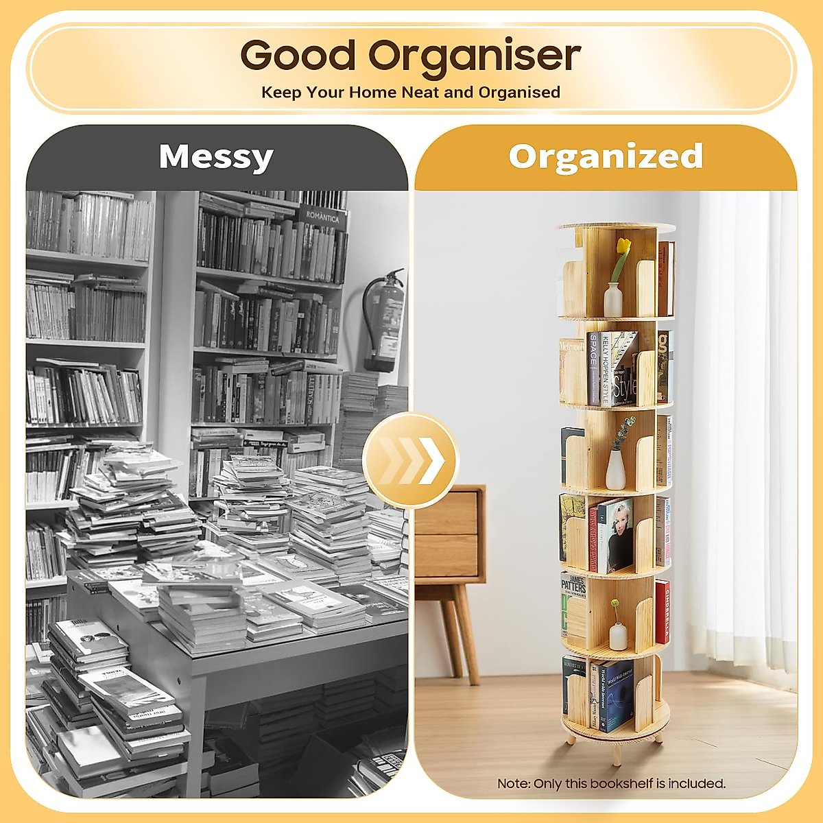 NOPTEG Rotating Bookshelf, 6 Tier Solid Wood 360 Display Floor Standing Bookcase Storage Rack, Free Standing Wood Bookcases for Kids&Adults Multi-Functional Bookshelf Organizer