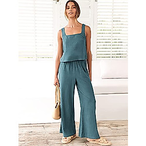 ANRABESS Women's Two Piece Outfits Summer Vacation Cruise Resort Wear 2023 Clothes Casual Linen Tank Crop Top Wide Leg Pants Matching Lounge Set Jumpsuit 732qinglan-L