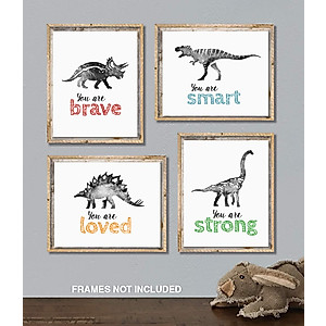 Confetti Fox Dinosaur Wall Art for Little Boys Room, Baby Nursery Posters, Motivational Kids Playroom Dino Decor, Toddler T-Rex Positive Affirmations Quotes (8x10 Unframed Set of 4 Prints)