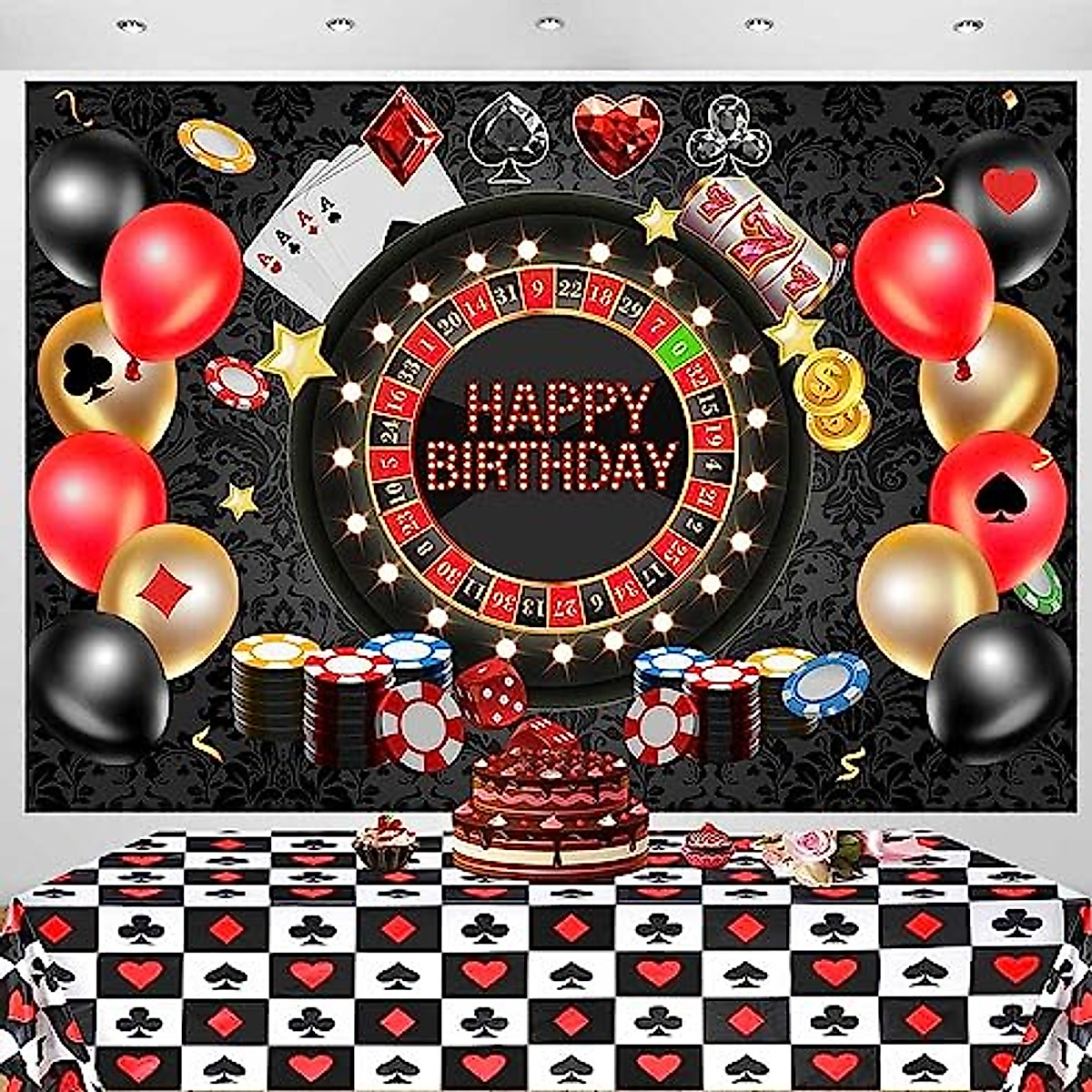 Sensfun Casino Birthday Backdrop Poker Las Vegas Birthday Party Background Roulette Chips Casino Night Theme Birthday Decorations Backdrops Cake Table Banner Photo Booth Props Vinyl 7x5ft