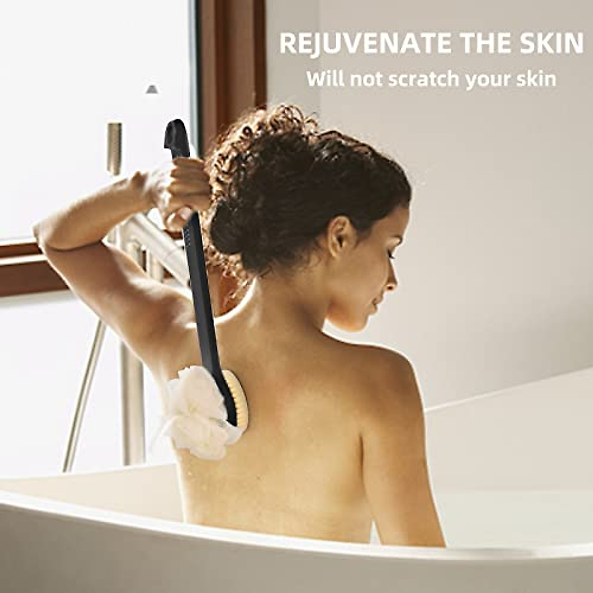 IMAVO Shower Body Brush,Dual-sided Bath Brush with Bristles and Loofah,Long Handle Back Scrubber for Shower,Anti Slip Back Washer for Skin Exfoliating,Suitable for Wet or Dry Brushing(Black)