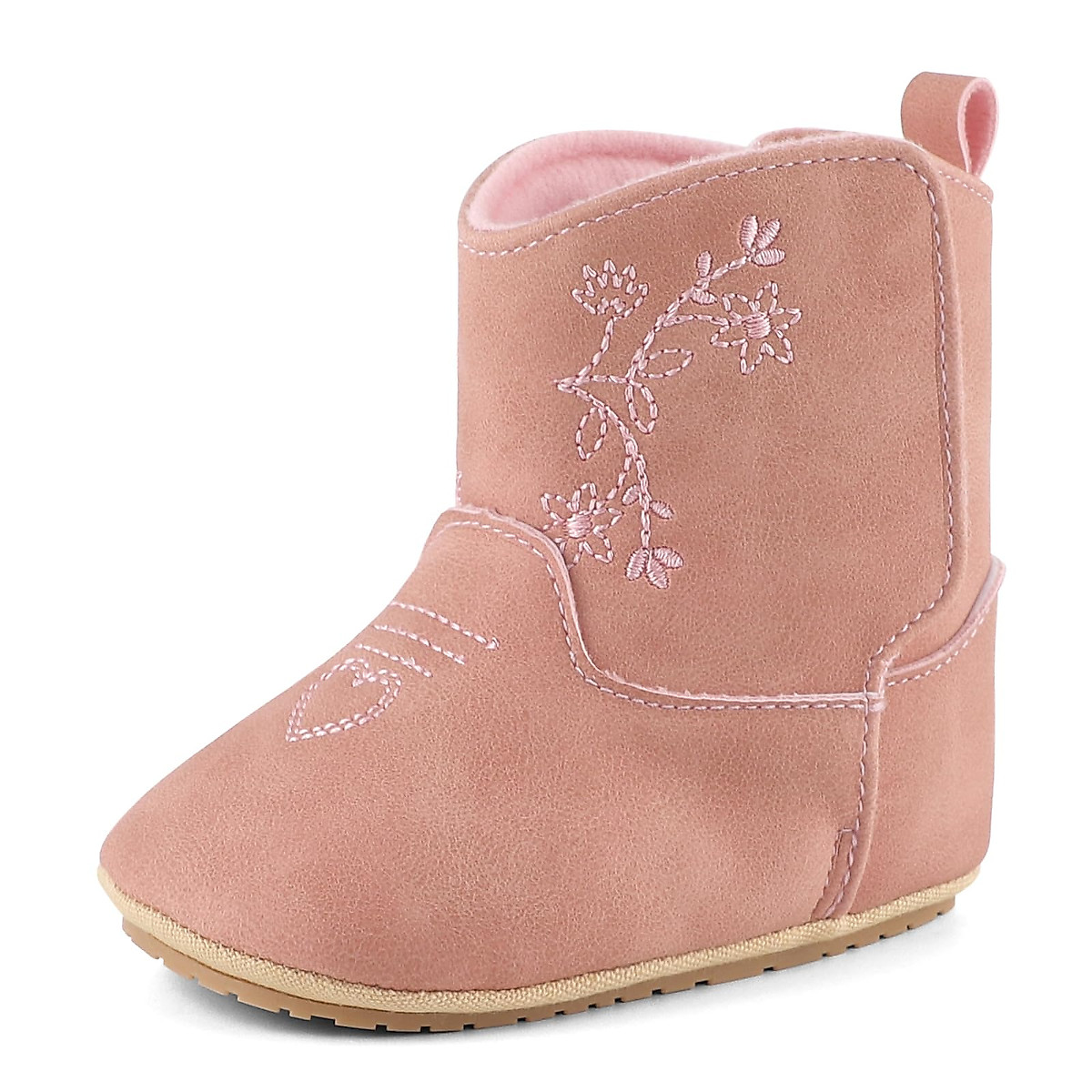 ESTAMICO Baby Girls Boots Embroidery Western Cowgirl Booties Non Slip Warm First Walking Shoes, Pink 6-12 Months