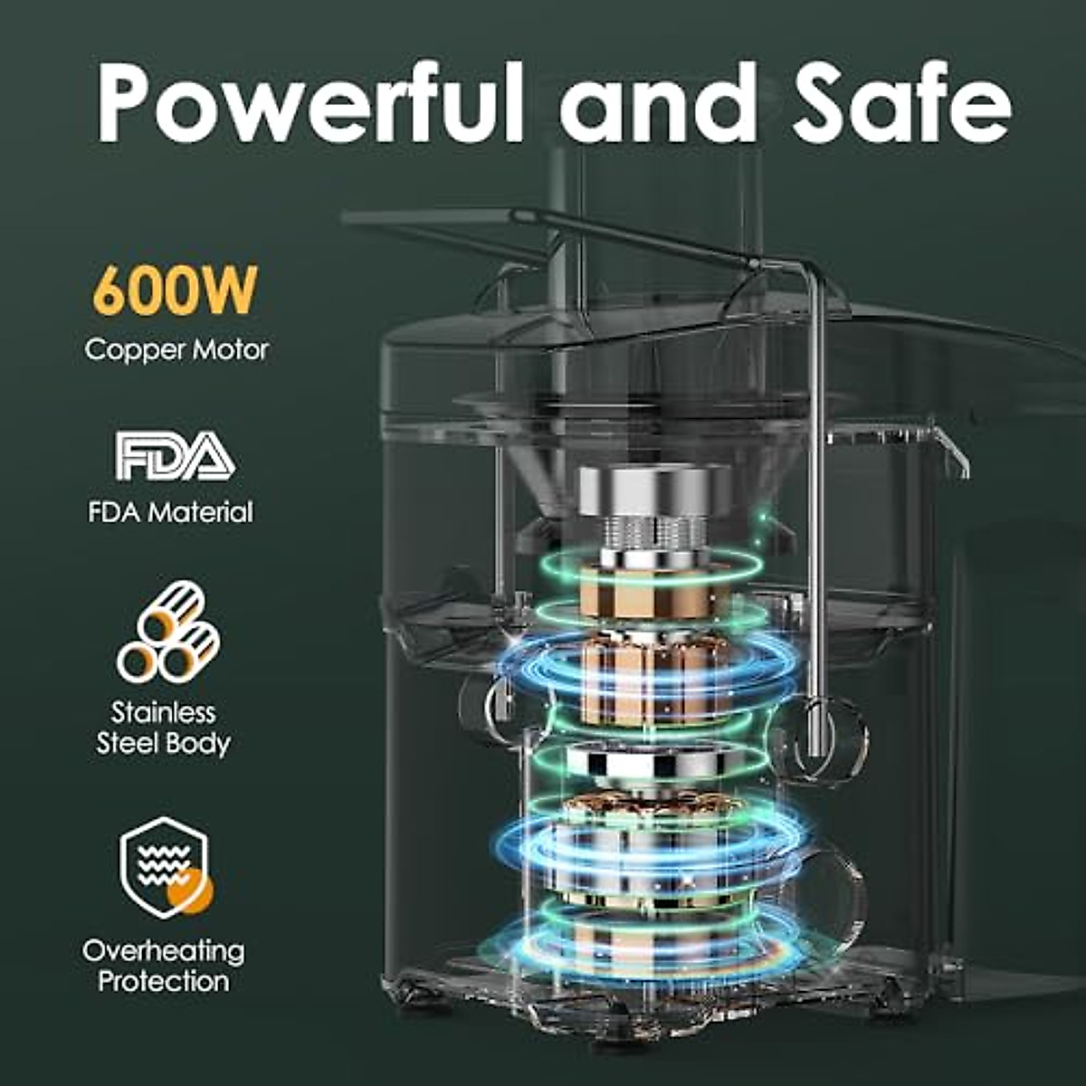 Juicer Machines, KOIOS 600W Centrifugal Juicer Extractor with 3 Speeds, 2.5'' Feed Chute for Fruit and Vegetable, 304 Stainless Steel,Easy to Clean,Anti-drip,BPA Free, Included Brush,Black