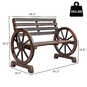 Mavalous Wagon Wheel Bench Outdoor, 2 Person Seat Rustic Wood Patio Benches with Backrest for Outdoor Brown