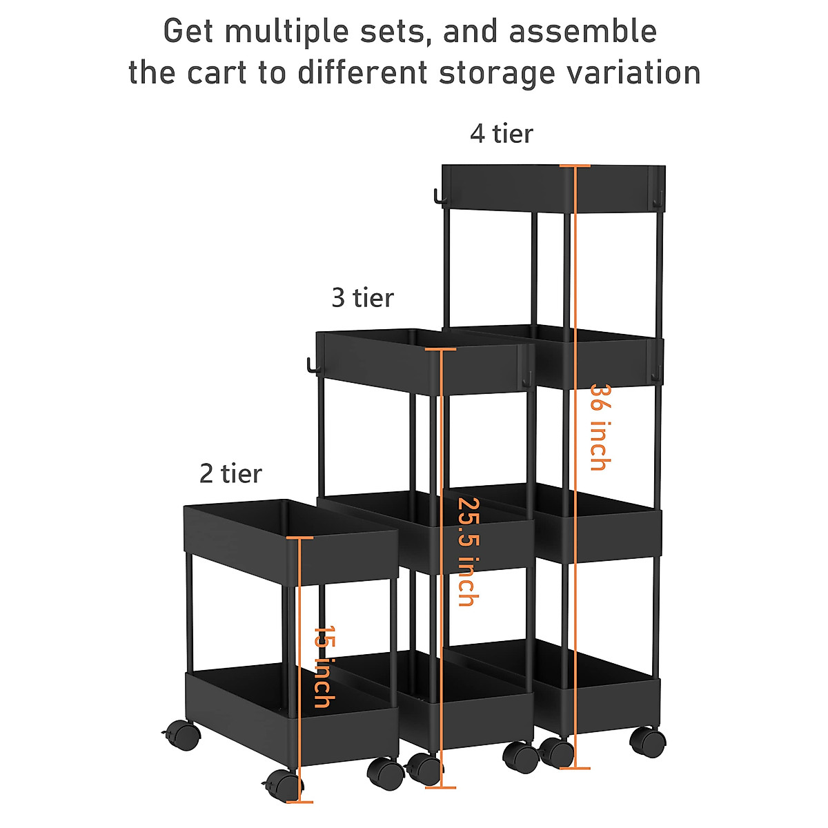 CAXXA 3 Tier Slim Mobile Utility Cart Rolling Cart,Plastic Basket Storage Organizer, for Kitchen Laundry Bathroom Living Room Narrow Place Slide Out Storage Cart with Casters (Black, 15.75Lx7W)