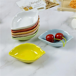 WAIT FLY Leaves Shaped Pattern Ceramic Seasoning Dishes/Tea Bag Holders/Ketchup Saucer/Appetizer Plates/Vinegar Spice Salad Soy Sushi Wasabi Seasoning Dipping Bowls-Green-4 PCS