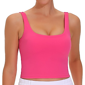 THE GYM PEOPLE Women's Square Neck Longline Sports Bra Workout Removable Padded Yoga Crop Tank Tops Bright Pink