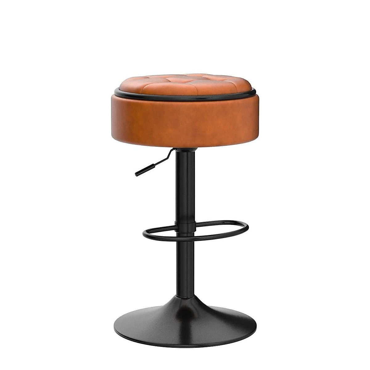 Round Storage Bar Stool Set of 2,Faux Leather Height Adjustable Barstool, 360°Counter Height Swivel Stool, Armless Bar Chair with Metal Frame for Kitchen Counter Dining Living Room Whiskey Brown