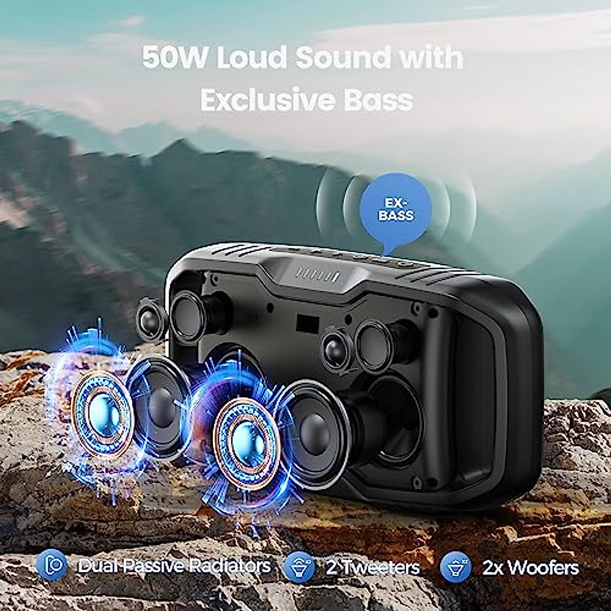 DBSOARS Bluetooth Speakers with Subwoofer, Portable 50W Stereo Sound Wireless Speaker, IPX5 Waterproof Outdoor Speakers with TWS Pairing, Built-in Mic, Power Bank, 30H Playtime, AUX for Camping, Beach