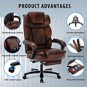 Comermax Big Tall Reclining Office Desk Chairs with Footrest Back Support Wide Seat PU Leather Ergonomic Recliner Managerial Executive Office Chair with Wheels Plus Size, Black Brown