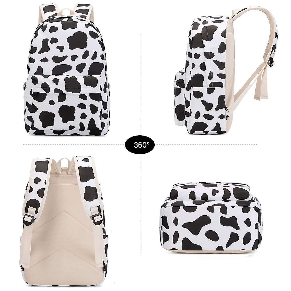 Joyfulife Cow Print Girls Backpack with Lunch Box Kids School Backpack Bookbag Primary Elementary Student Backpack for Girls Set