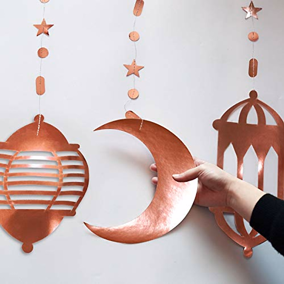16pcs Shinny Islamic Rose Gold Star Crescent Moon Lantern Ramadan Garland EID Decoration Home Happy Ramadan Mubarak Party Decor Hanging Streamer Wedding Backdrop Banner Aladdin Birthday Party Supplies