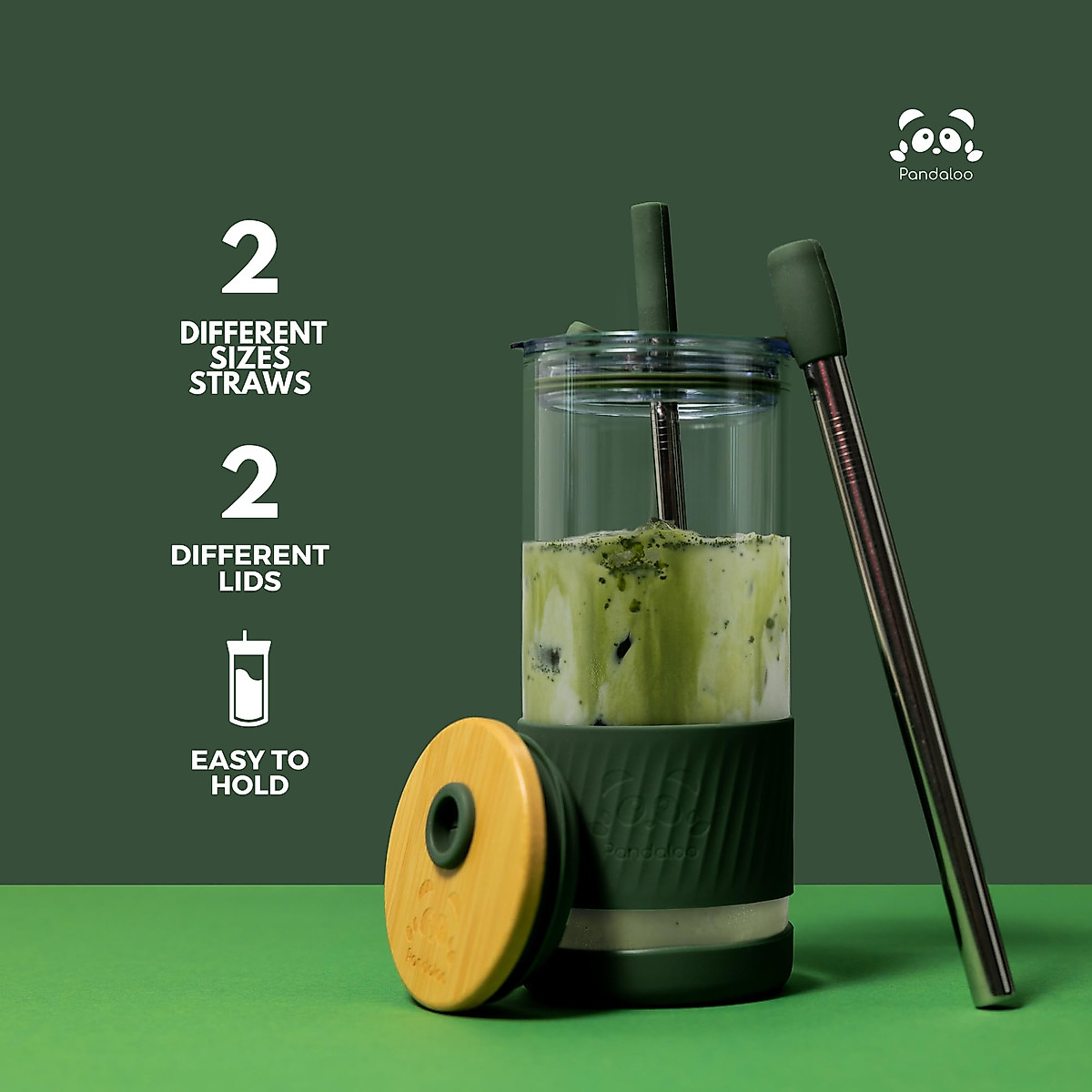 Pandaloo Glass Cups With Lids and Straws -20 Fl Oz- Perfect for Iced Coffee, Smoothie Cup With Bamboo Lid and On the go Lid (1 Count (Pack of 1), Mediterranean Olive)