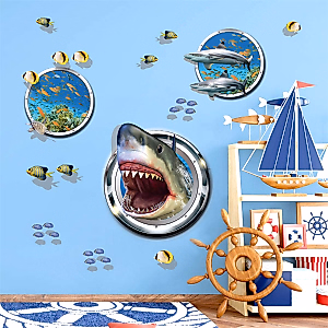 ufengke 3D Shark Broken Wall Stickers Tropical Fish DIY Wall Decals Art Decor for Bedroom Playroom