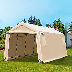 ADVANCE OUTDOOR 10X20 ft Carport Heavy Duty Outdoor Patio Anti-Snow Portable Canopy Storage Shelter Shed with 2 Rolled up Zipper Doors & Vents for Snowmobile Garden Tools, Beige