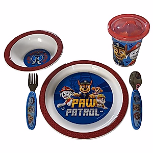 LE Products 5 Piece Paw Patrol Dinnerware Set with Plate, Bowl, Sip Cup, and Flatware (Paw Patrol Boy)