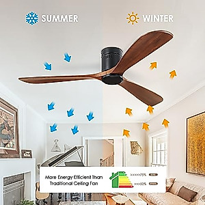 Mpayel 60" Ceiling Fan, Flush Mount Outdoor Ceiling Fan with 3 Walnut Wood Blades, Reversible and Timing, No Light for Indoor Bedroom, Outdoor Covered Patios, Backyard