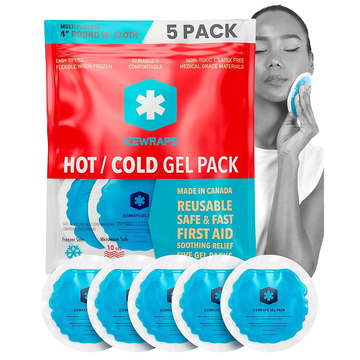 ICEWRAPS Reusable Hot & Cold Gel Packs for Pain Relief - 5 Pack with Cloth Backing for Injuries, Surgery, Toothache (5 Pack)
