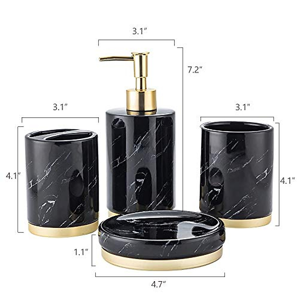Meltset M Bathroom Accessory Sets 5Pcs Faux Marble Look Ceramics Bathroom Decor - Toothbrush Holder Lotion Pump Dispenser Soap Dish Tray Bath Room Tumbler Cup, Luxurious Gift Set (Black)