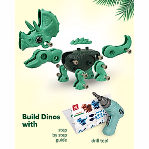 Coogam Take Apart Dinosaur Construction Toys 3 Pack, Fine Motor Skill Building Dinosaur Set STEM Educational Gift Game with Drill-Tyrannosaurus, Triceratops, Velociraptor for Year Old Kids