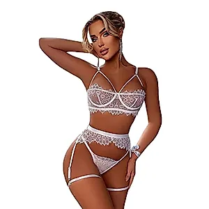 WDIRARA Women's Sexy Floral Lace Cut Out Underwire Garter Belt Bra and Panty Lingerie Set with Leg Rings White M