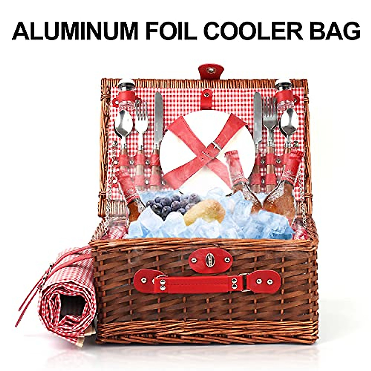 Wicker Picnic Basket Set for 4 Persons with Large Insulated Cooler Bag and Waterproof Picnic Blanket, Willow Picnic Hamper for Family, Outdoor, Camping, Party(Red)