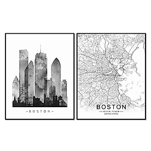 Boston Skyline, Boston Wall Art, Boston Street Map, Watercolor Skyline Print, Building Wall Decor, Office Wall Art, Boston Map Print, Set of 2 Prints, 11X14 Inch Unframed
