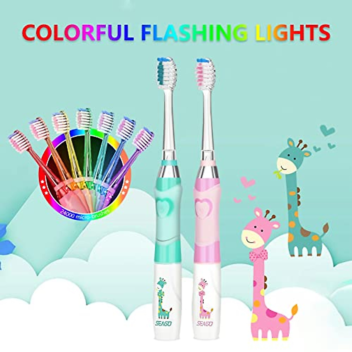 SEAGO Electric Toothbrush Children from 3-12 Years Kids Toothbrushes Electric with Colored Light Smart Timer 3 Soft Brush Heads Waterproof Baby Sonic Toothbrush for Girls Boys SG-977 (Green)
