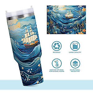 ARGTILDN 40 oz Tumbler Sea Sailboat Underwater World Insulated Travel Mug with Handle and Straw Lid Stainless Steel Vacuum Coffee Cup Tea Beverage Container Water Bottles for Car Sports office