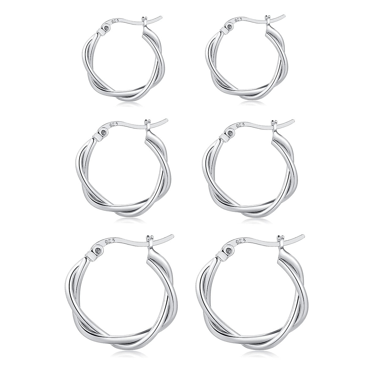 3 Pairs Small Silver Hoop Earrings for Women|925 Sterling Silver earrings|14K White Gold Plated Small Hoop Earrings Set| Twisted Silver Earrings for Women Men 13/20/25