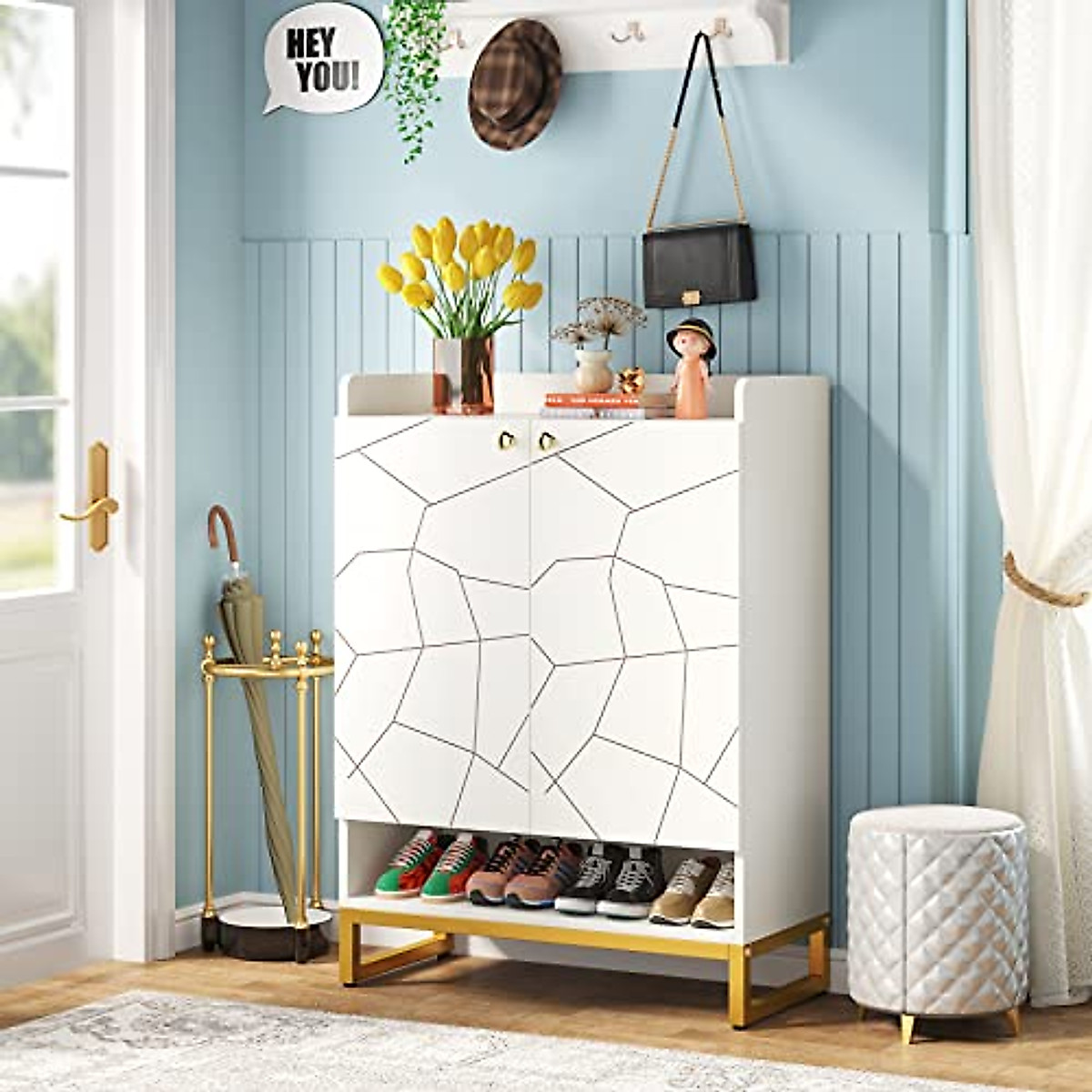 LITTLE TREE White and Gold 5-Tier Shoe Cabinet with Storage, 2-Door Shoes Organizer Cabinets for Entryway