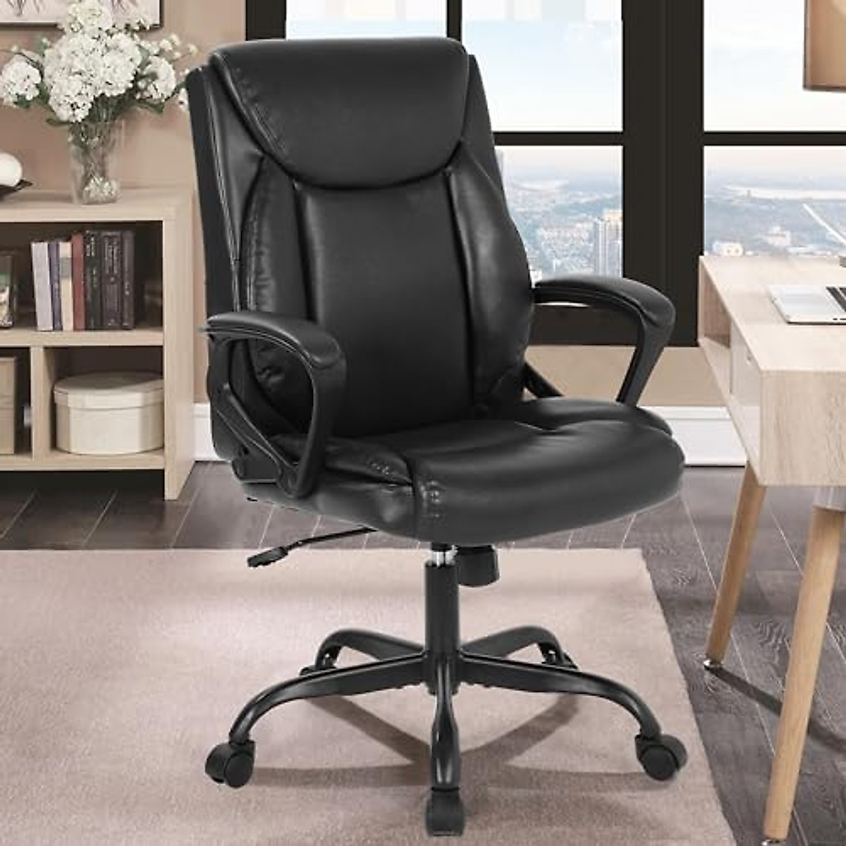 Home Office Chair,PU Leather Mid Back Computer Chair with Lumbar Support,Executive Desk Chair with 360-Degree Rolling Swivel Tilt，Ergonomic Desk Chair with Padded Armrest for Adult Men Women,Black
