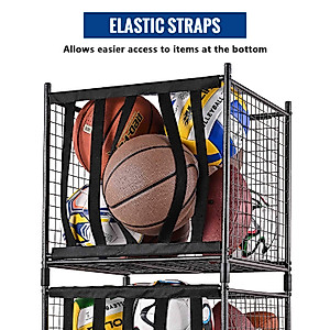 Mythinglogic Rolling Sports Ball Storage Cart, Sports Lockable Ball Storage Locker with Elastic Straps, Stackable Ball Cage for Garage Storage Garage Organizer (2 Sets)