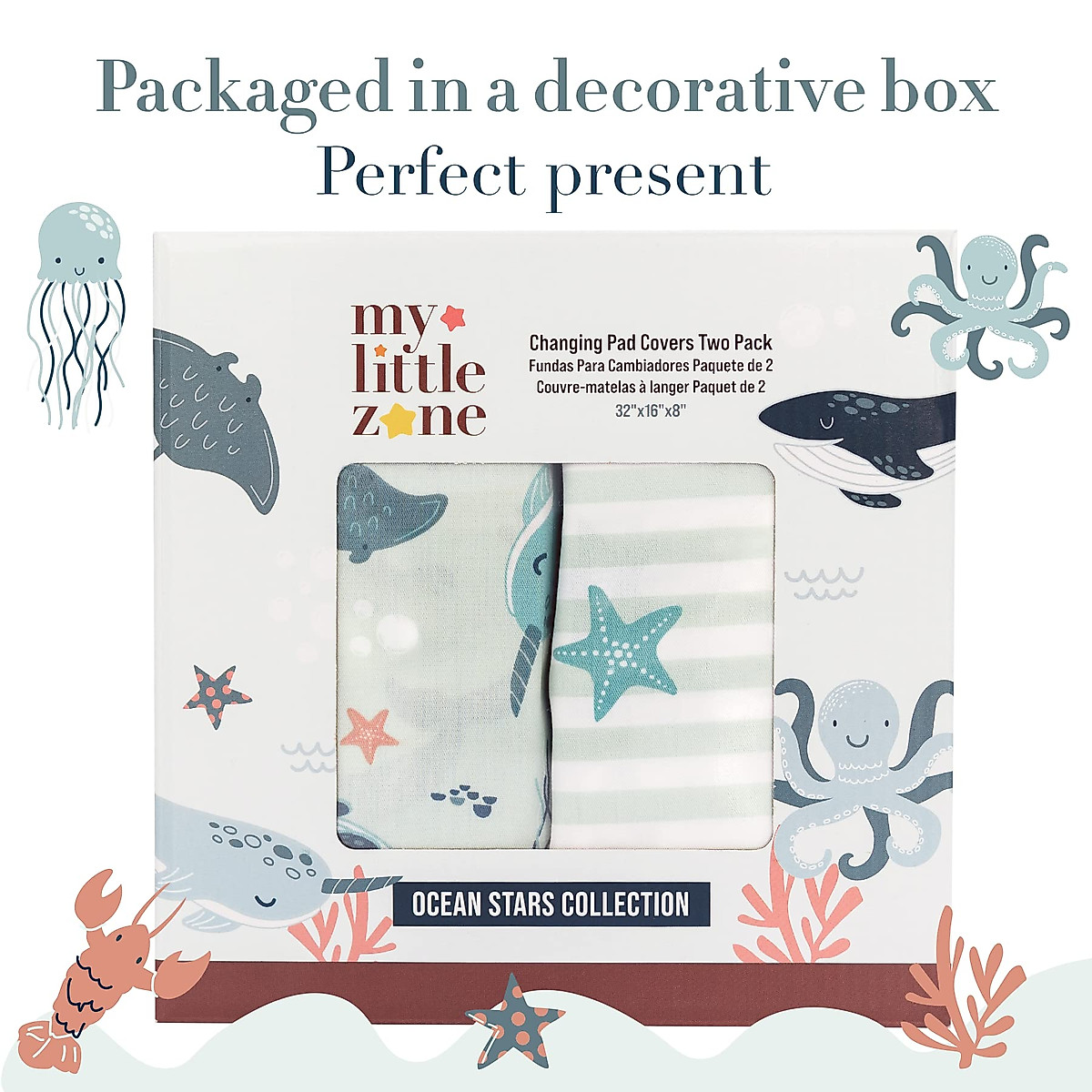 My Little Zone 100% Cotton Changing Pad Cover for Baby Boys and Girls, Nautical - Breathable Bassinet, Mini Crib Mattress Fitted Sheets - Ocean Stars, 32"x16" with 8" Deep Pocket, Teal-White, 2 Pack