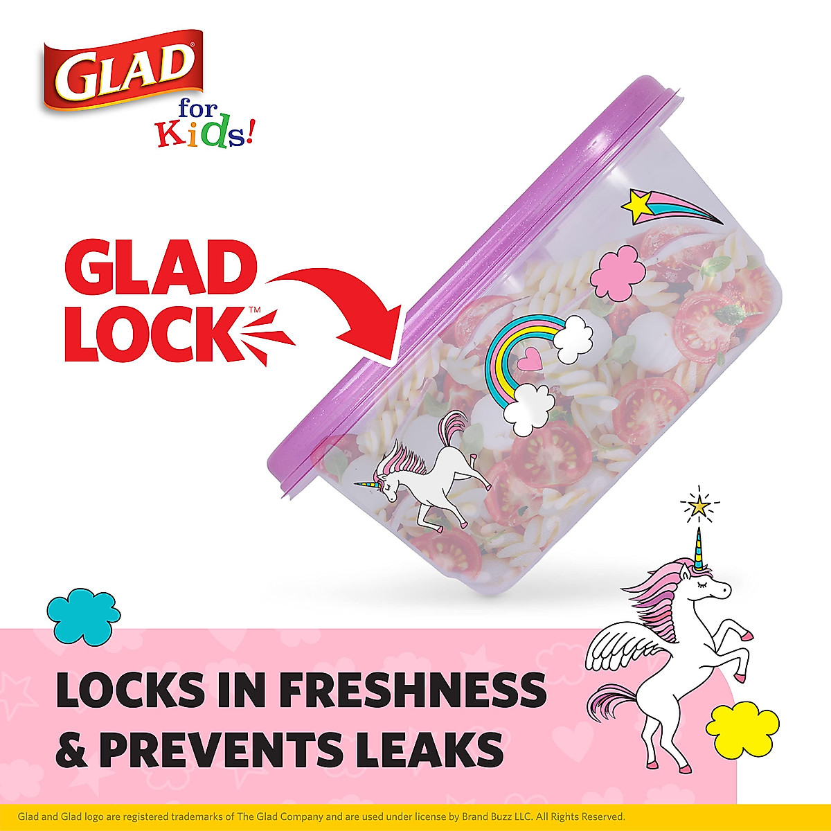 Glad for Kids Unicorns GladWare To Go Storage Containers with Lids| 24 oz Kids Snack Containers with Unicorn Design, 4 Count Set with 4 Dressing or Sauce Cups