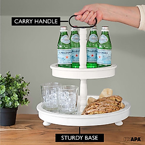 Ilyapa Decorative Farmhouse Tiered Serving Tray Stand - 2 Tier Rustic Wooden Serving Stand with Handle - White, 16 x 14.5 x 14.5