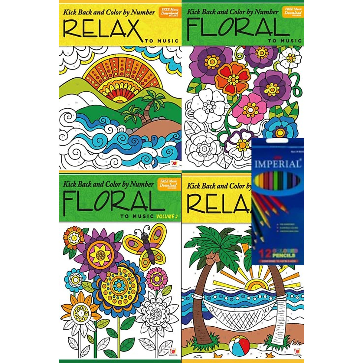 Landoll Adult Coloring Books & Colored Pencils 4-Pack for Stress Relief
