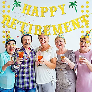 Beach Retirement Party Decorations, Gold Glitter Happy Retirement Banner & Circle Dots Garland, Beach Theme Going Away Farewell Party Decorations, Summer Beach Theme Retired Banner for Men Women Retirement Party Decor