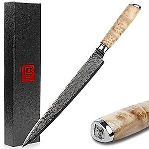 SUNLONG Fillet Knife Sashimi Sushi Carving Knife 10 Inch Japanese Knife - 67 layer Damascus Steel- Natural Burl Wood Handle - Walnut Wood Sheath - Flannel Knife Bag