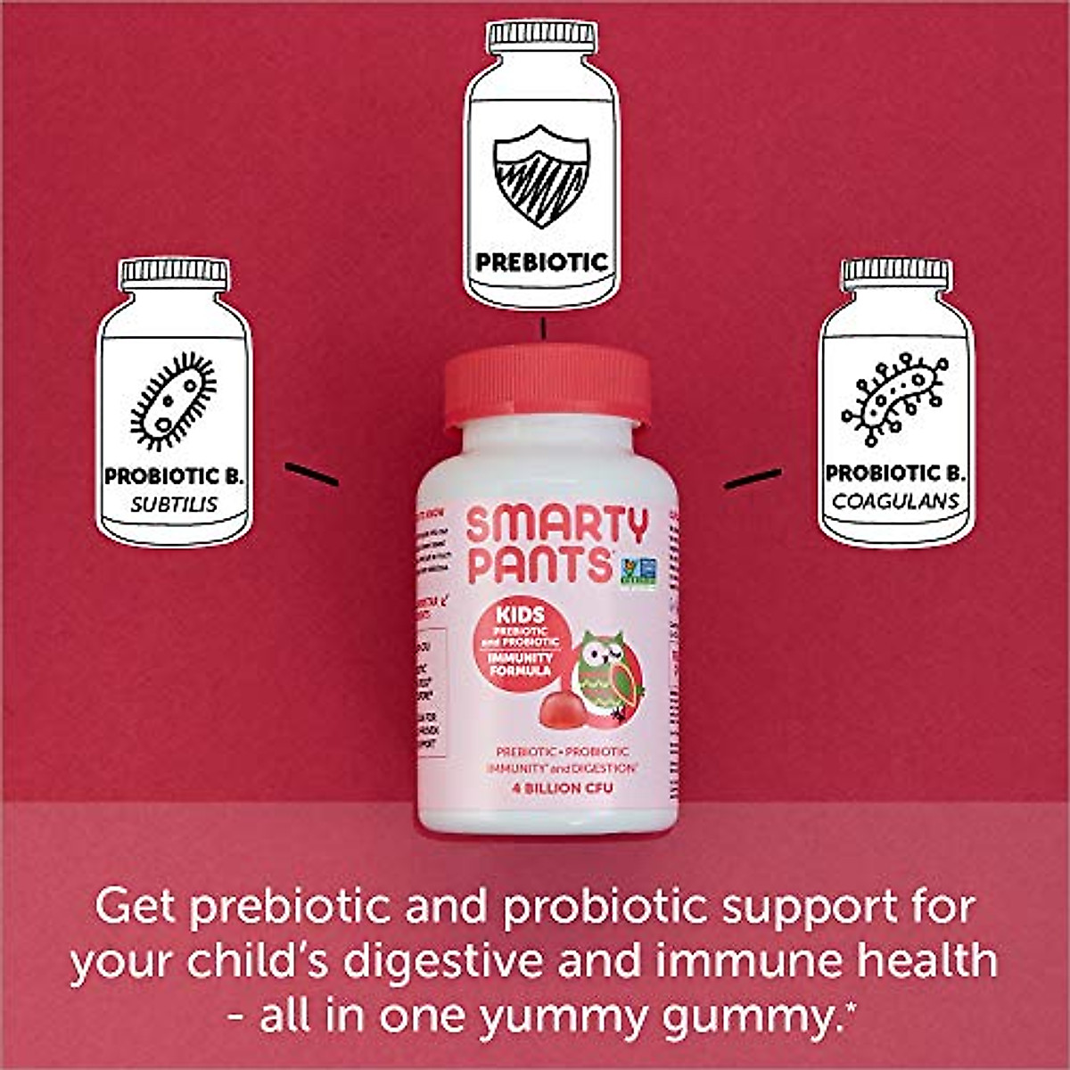 SmartyPants Kids Probiotic Immunity Gummies: Prebiotics & Probiotics for Immune Support & Digestive Comfort, Strawberry Crème Flavor, 60 Gummy Vitamins, 30 Day Supply, No Refrigeration Required