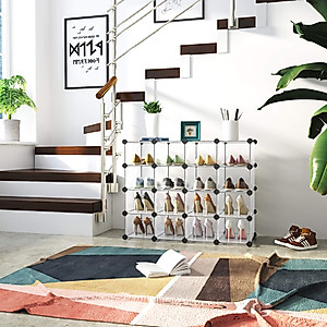 C&AHOME Plastic Shoe Rack,16-Cube Modular Shoes Storage Stand, Multifunction Closet Cabinet, Stackable Shoe Organizer for Bedroom Doorway Entryway Hallway, 36" L × 14.2" W × 28" H White SRP15A