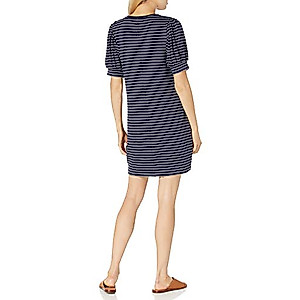 Amazon Essentials Women's Supersoft Terry Relaxed-Fit Short-Sleeve Puff-Sleeve Dress (Previously Daily Ritual), Navy White Mini Stripe, Large