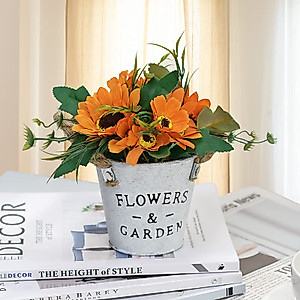 Artificial Sunflower Pot Shape Bonsai, 1 Pc Artificial Sunflower with Vase Metal Potted Fake Flower Artificial Sunflowers Bouquet for Party Office Garden Table Home Decor Windowsill (Orange Yellow)