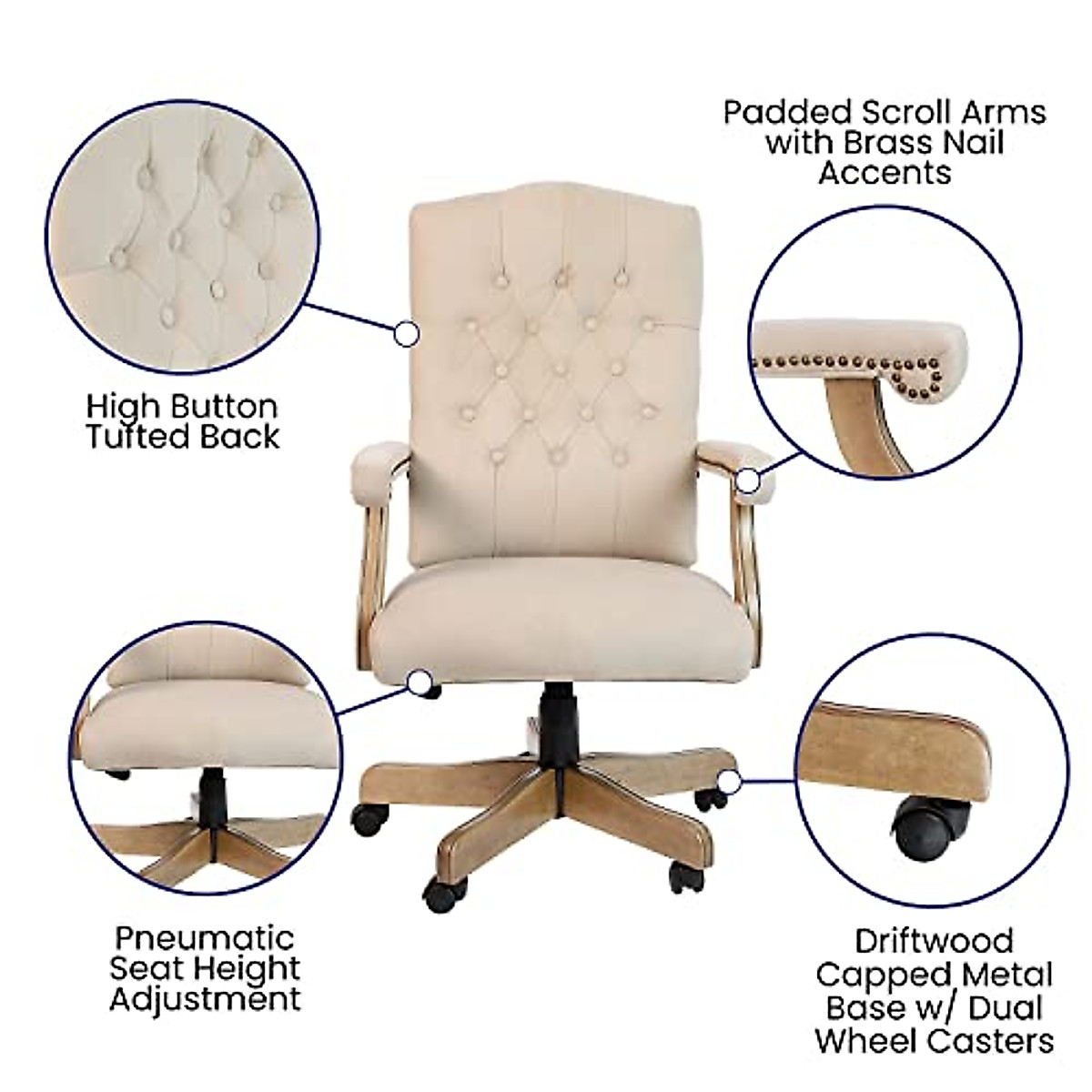Flash Furniture Traditional Office Chair - Ivory Microfiber Tufted Swivel Office Chair - Home Office Desk Chair with Driftwood Base