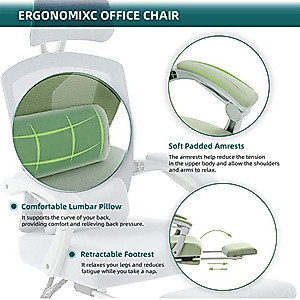 Sweetcrispy Swivel Rolling Padded Armrests Headrest, High Back Lumbar Pillow and Retractable Footrest Ergonomic Home Office, Height Adjustable Reclining Mesh Chair, Green