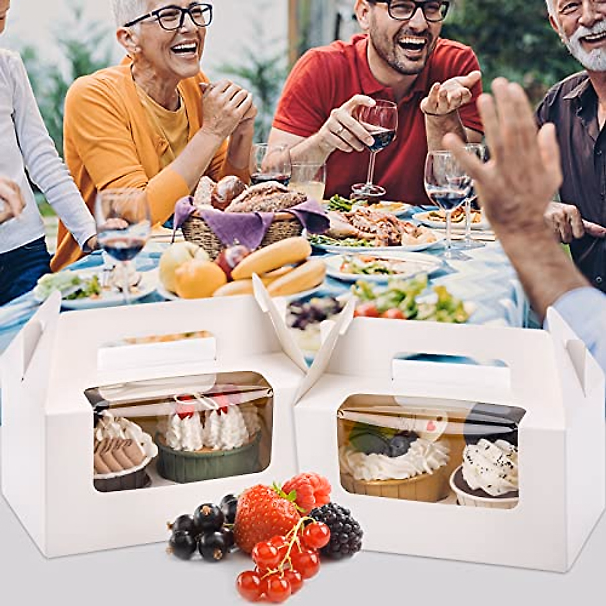 Jucoan 60 Pack White Cupcake Boxes with Insert, Handle and Window Hold 2 Standard Cupcakes, Kraft Paper Cupcake Container, Portable Cupcake Holder, Bakery Pastry Container for Cupcake, Muffins