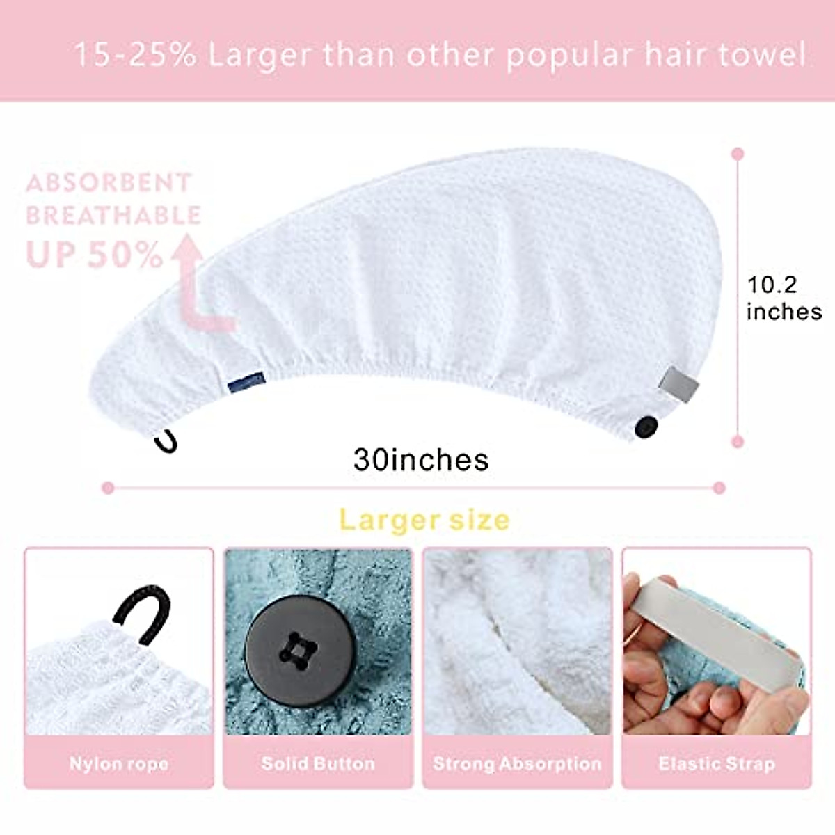 BYCOO Waffle Hair Towel Wrap, Large Microfiber Hair Drying Towels With Button&Elastic, Anti Frizz Head Towle|Super Absorbent | Soft Quick Dry Hair Turban for Women & Wet, Curly, Long &Thick Hair-White